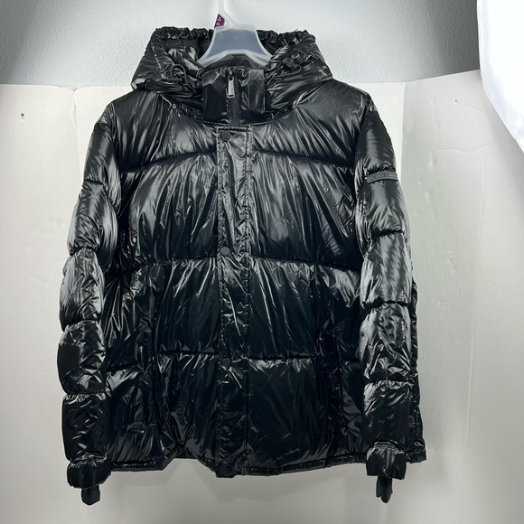 BCBG Paris | Jackets & Coats | Bcbg Paris Black Metallic Puffer Hodded ...
